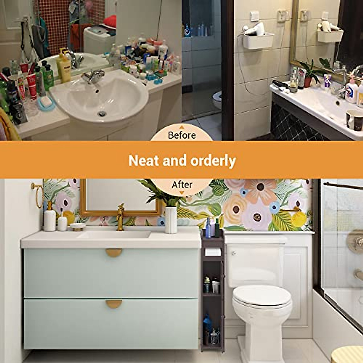 AIRE Small Bathroom Storage Cabinet with 2 Doors and 2 Shelves, W6 x D6 x H31 Bathroom Organizer, 4 Tier Design Toilet Paper Storage Stand for Corner and Small Space (Brown)