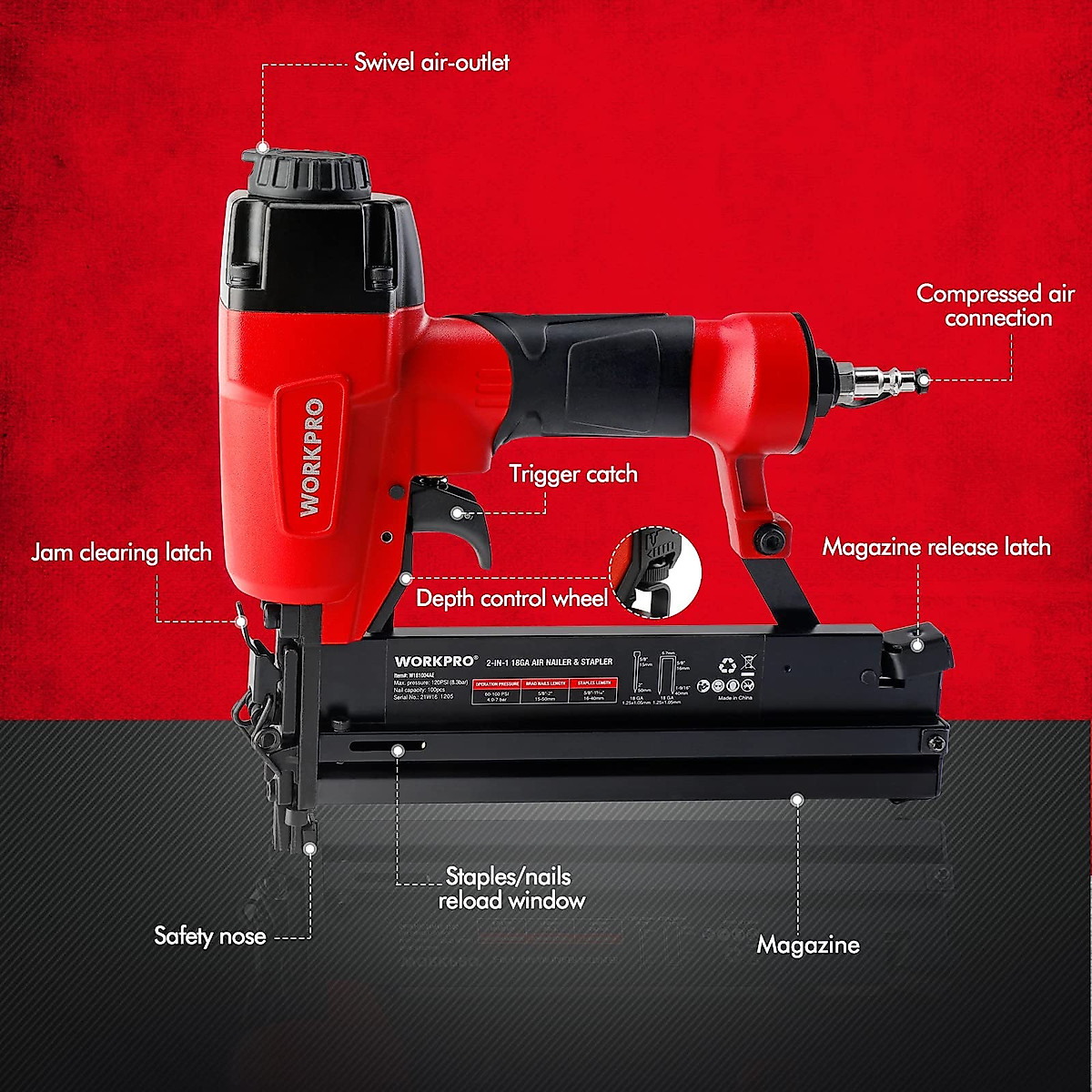 WORKPRO Pneumatic Brad Nailer+WORKPRO 8-Piece Clamp Set for Woodworking