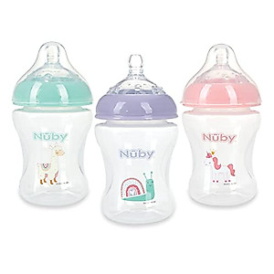 Nuby 3-Pack Infant Feeding Bottles with Slow Flow Breast Size Silicone Nipple: 0+ Months, 8oz, 3 Pack Set: Delicate Llama, Snail, Unicorn Prints