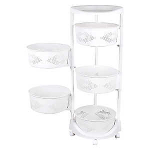SAHUANIYE Rotating Storage Rack, 5-Tier Rotating Fruit Basket Racks For Kitchen, Movable Vegetable Storage Shelf Cart With Wheels, Floor Standing 360° Rotation Organizer For Potato & Onion, White