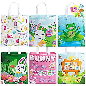 JOYIN 12 Pcs Easter Tote Bags, 17"x15" Canvas Creamed Tone Gift Kraft Treat Goodie Reusable Grocery Bags and Basket with Handles for Easter Egg Hunt Party Favors