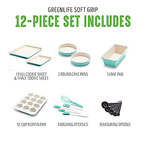 GreenLife Bakeware Healthy Ceramic Nonstick, 12 Piece Baking Set with Cookie Sheets Muffin Cake and Loaf Pans including utensils, PFAS-Free, Turquoise