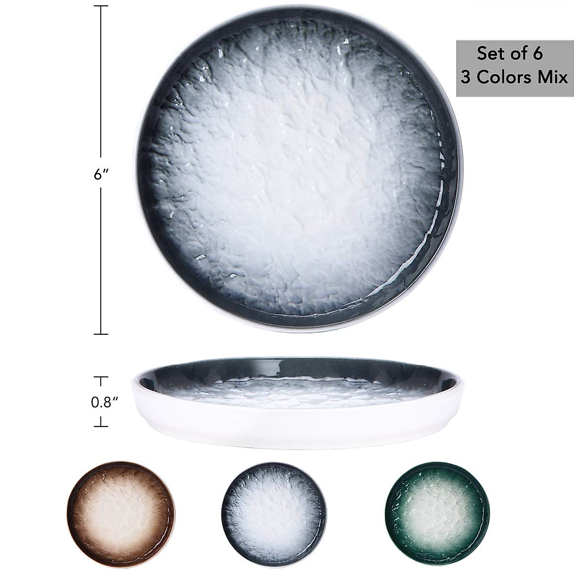 Eglaf 6'' Ceramic Small Appetizer Plates - Porcelain Gradient Water Wave Embossed Texture - Dessert Plates for Tea Party, Cake, Ice cream, Waffles, Apple Pie, Snacks (Set of 6-3 Colors Mix)
