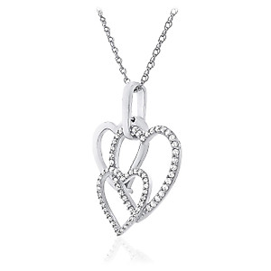 .925 Sterling Silver Round White Cubic Zirconia Three Overlapping Open Hearts Pendant Necklace with Delicate Rope Chain - 20”