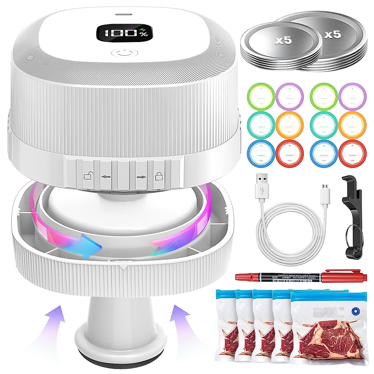 PEKVIZK Mason Jar Vacuum Sealer, Electric 3 in 1 Vacuum Sealer Kit for Wide & Regular Mouth Mason Jars & Vacuum Bags, Cordless Portable Canning Vacuum Sealer Machine 23 Set for Food Storage White