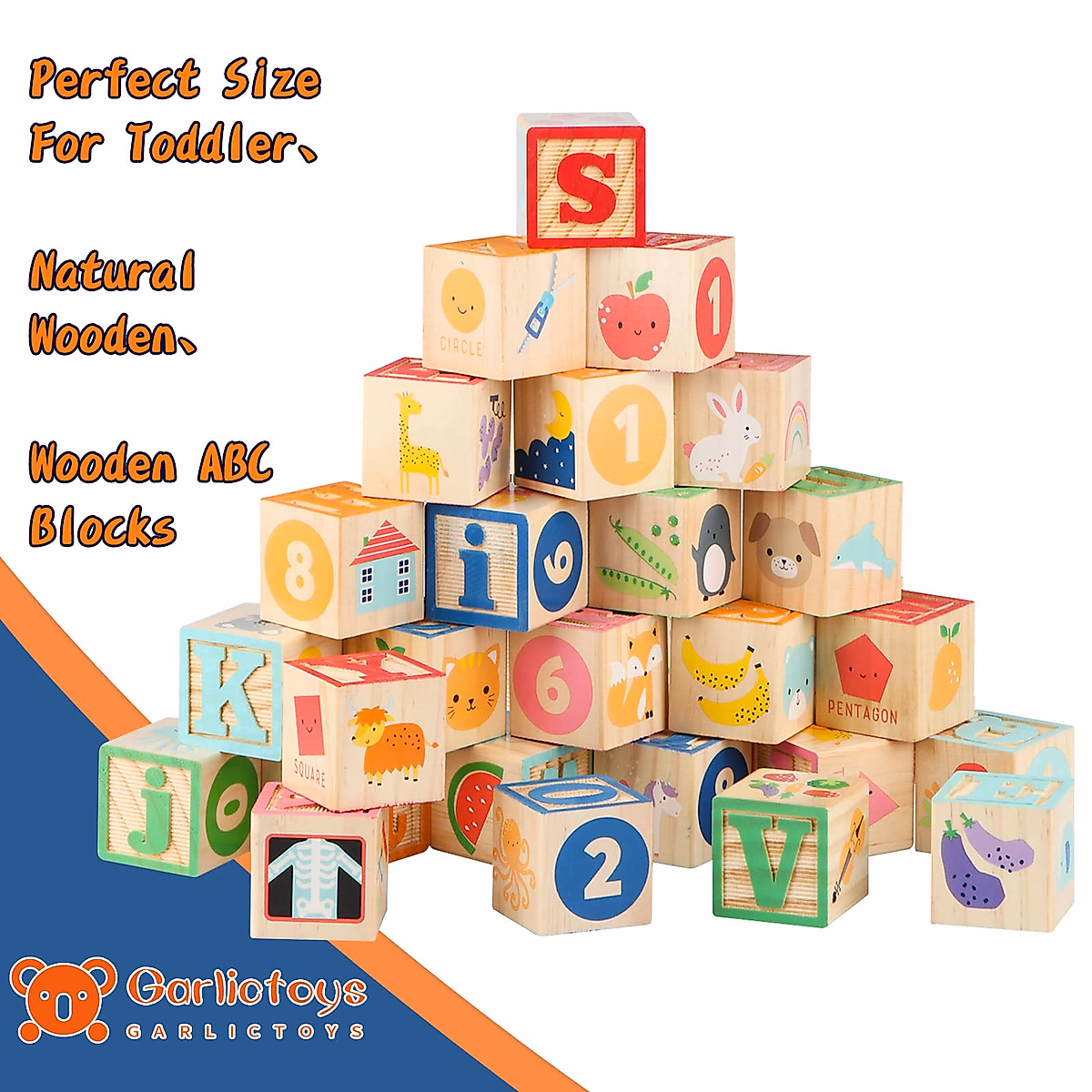 Garlictoys Wooden ABC Building Blocks for Toddlers 3+ |26 PCS Wood Baby Alphabet Number Blocks for Stacking Learning Preschool Educational Montessori Sensory Toys for Kids Boys Girls Gifts 1.65"
