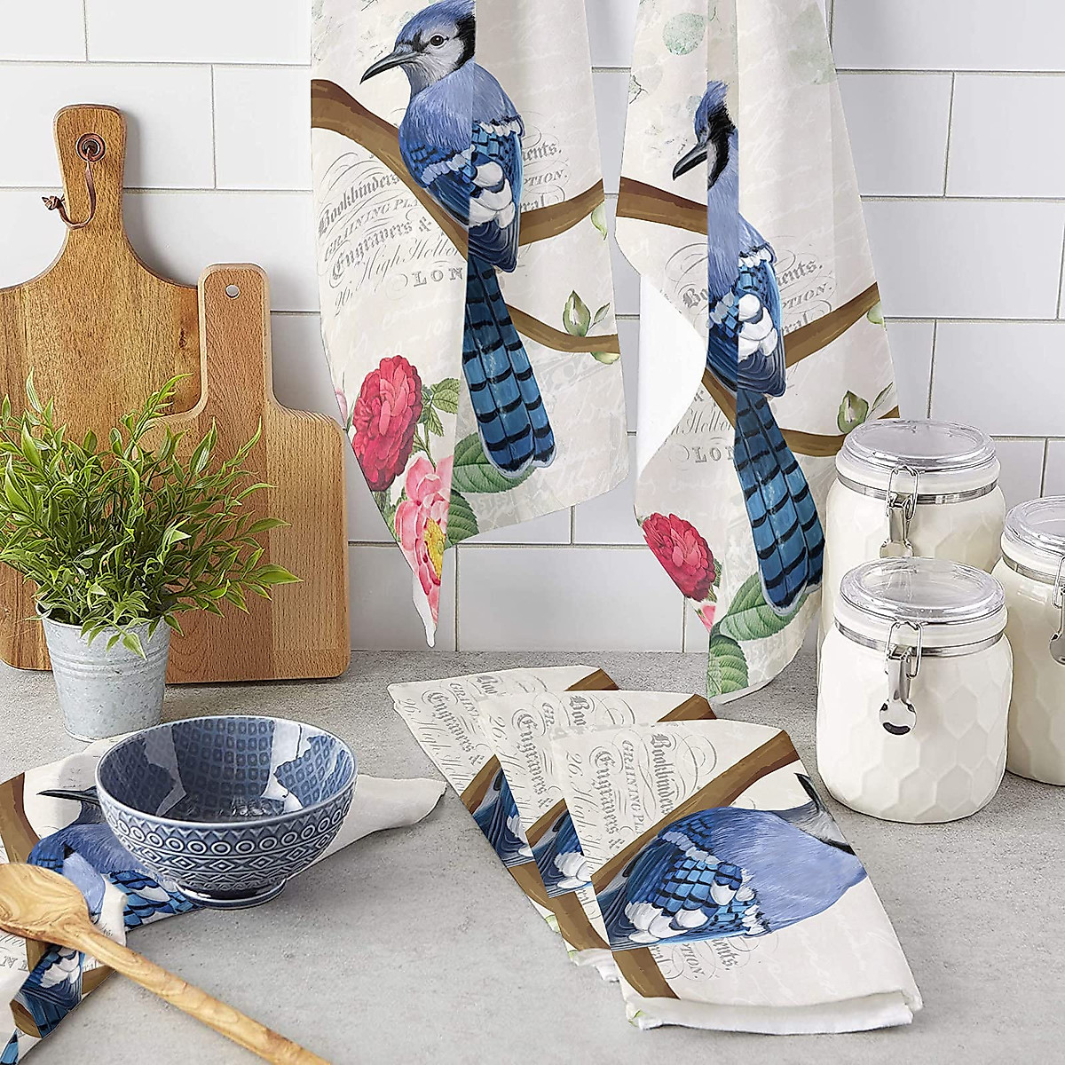 BEKYONEE Kitchen Dish Towels,3 Pack Vintage Blue Jay Birds Boho Flower and Branch Hand Towel Absorbent Dish Cloth Microfiber Terry Cloths Tea Towel for Dishes Counter/Bar Retro Letters Kraft Paper