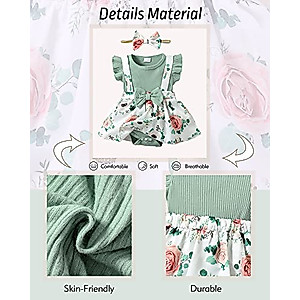HIGHUZZA Baby Girl Clothes 3-6 Months Newborn Romper Summer Dress Infant Outfits Fly Sleeve Floral Clothing Suspender Headband Overall Skirt Set Green