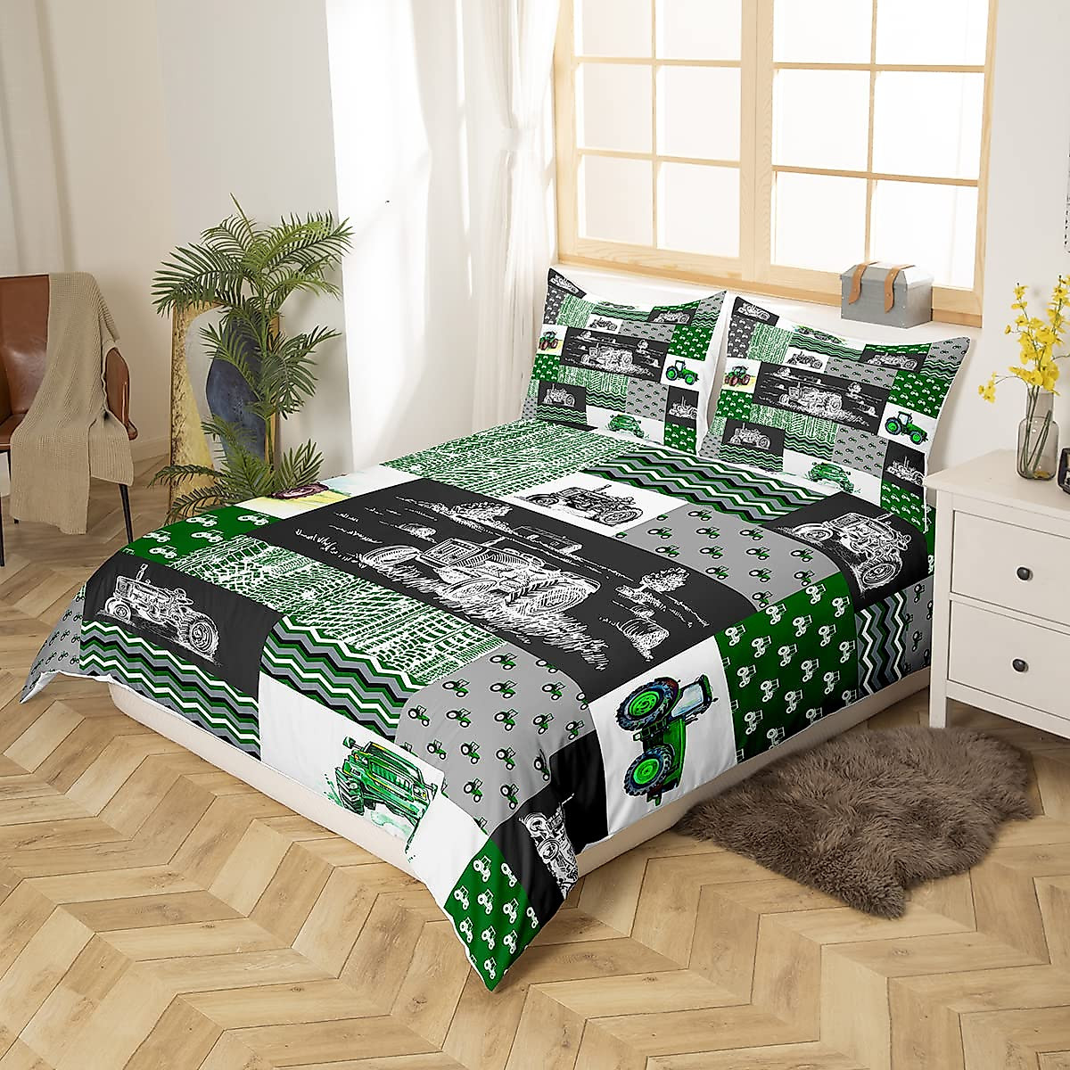 Erosebridal Green Tractor Duvet Cover Full Size Farm Vehicle Truck Bedding Set Cartoon Equipment Construction Harvester Comforter Cover for Kids Boys Car Bedroom Decor with 2 Pillowcases, Grey