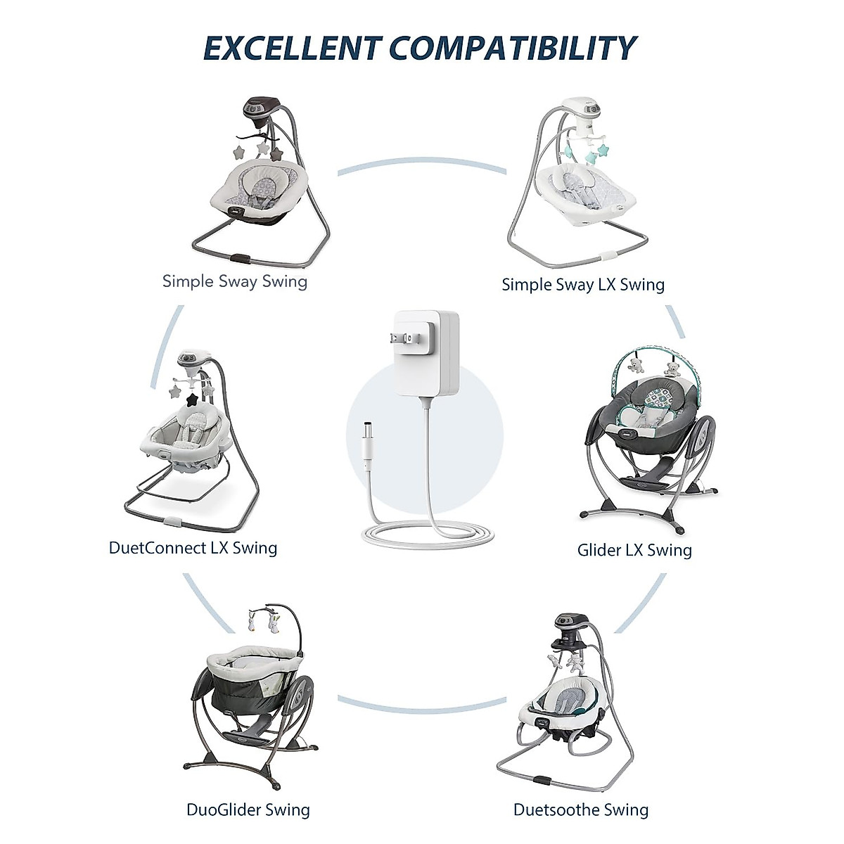 CONMDEX Graco Swing Power Cord 6ft, Replacement for Duetsoothe/DuoGlider/Graco Baby Swing/Graco Simple Sway Swing/Glider LX/Simple Sway LX, Adapter 5V Charger Baby Swing Ideal for Parents, White