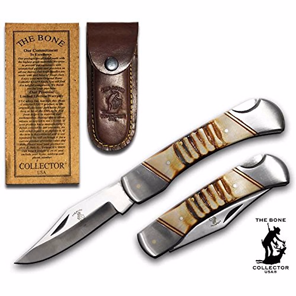 Bone Collector 8.5" The Lock Back Pocket Folding Knife Authentic Bone Handle with Leather Sheath Lockback Camping Fishing