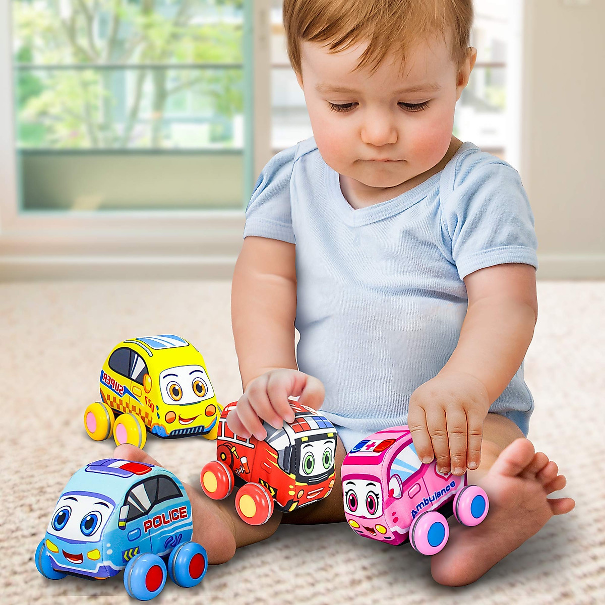 ArtCreativity Pullback Plush Car Set, Set of 4, Soft-Sided Stuffed Cars with Pullback Mechanism, Cute and Colorful for Babies and Toddlers, Best Birthday Gift for Little Boys and Girls