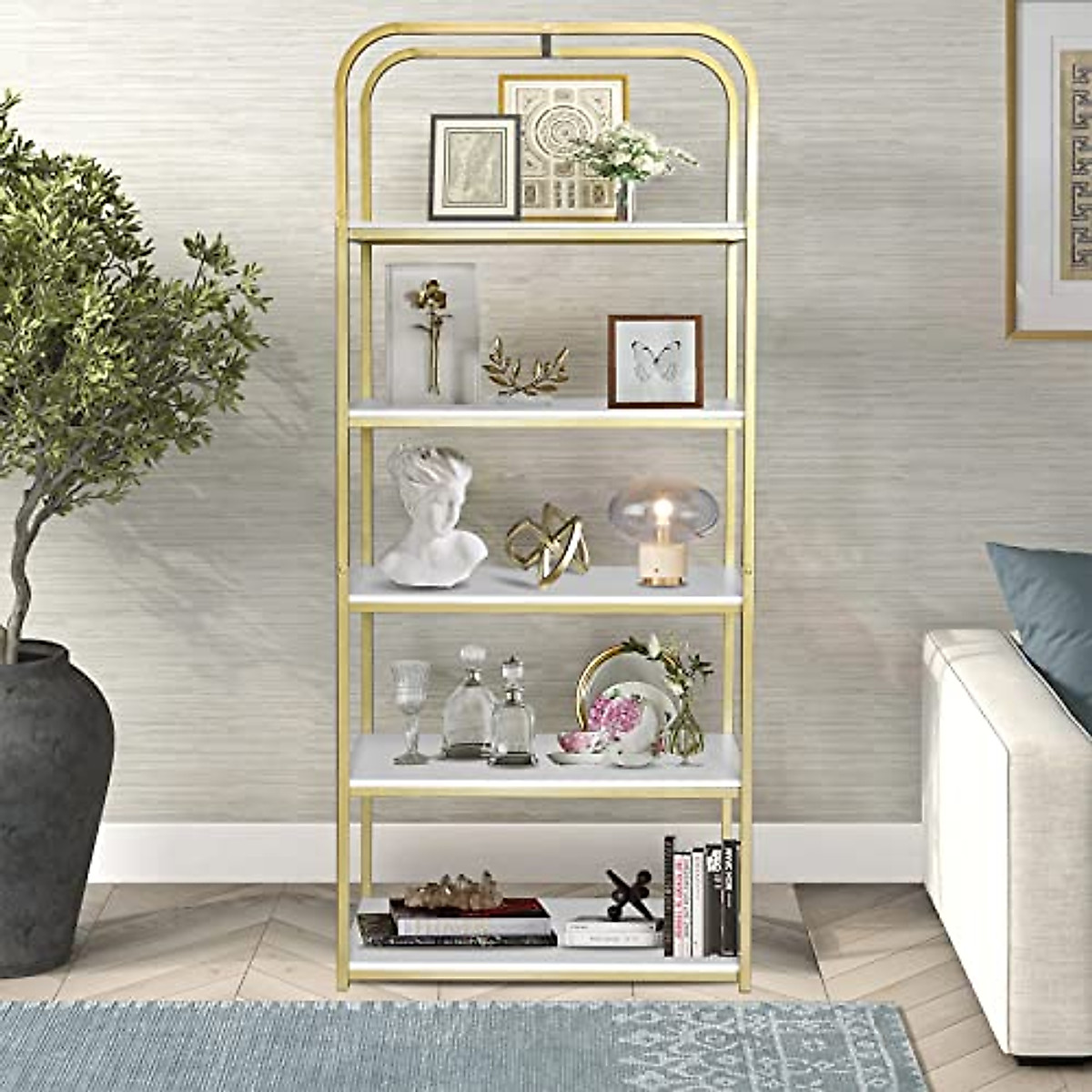 TooCust 5-Tier Gold Bookcase, 29.5" Lx70.6 H, Bookshelf for Bedroom,Gold Book Display Shelf, Arched Bookcase, Organizer Rack for Living Room, Gold Freestanding Display Shelf,White and Gold Bookshelf