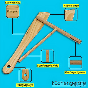 Kuchengerate Set of 2 7" inc Crepe Spreader Stick & 12" inc Spatula Turner - T Shaped Structure - Handmade Natural Beech Wood - No Paint No Polish - Kitchen Decoratives - Best Gift Set Idea