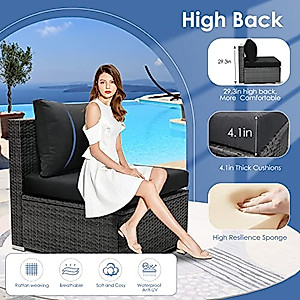 RADIATA PE Wicker Patio Furniture Set Sectional High Back Large Size Sofa Sets with Propane Fire Pit Table 55000 BTU Balcony Rattan Lounge Conversation Sets for Outdoor (9 Pieces,Black)