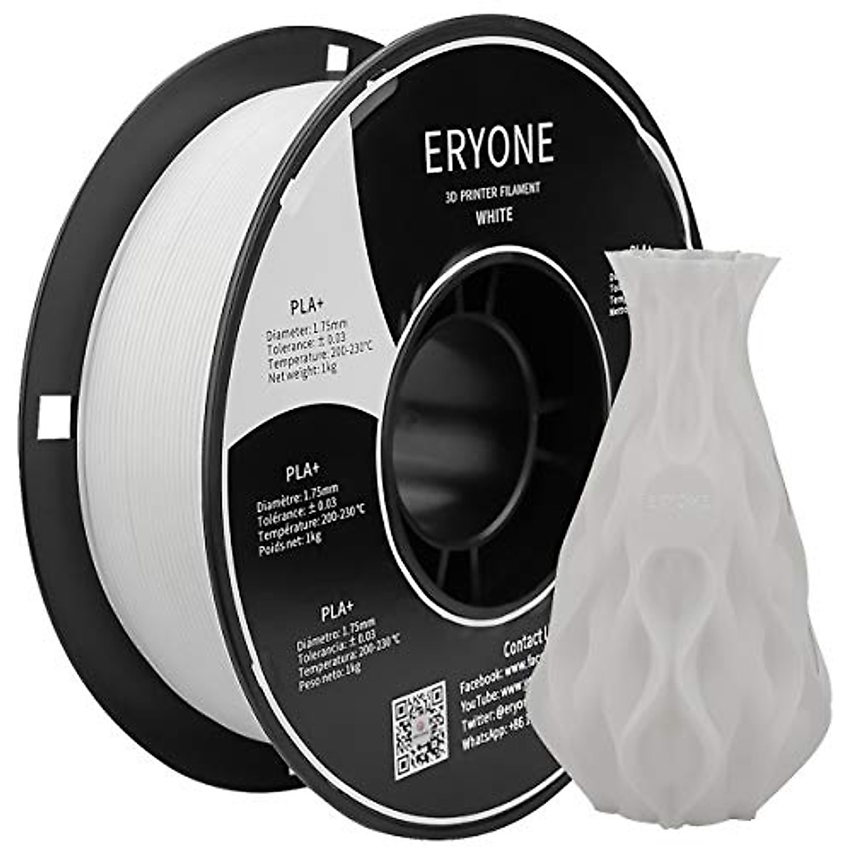 ERYONE PLA Plus Filament 1.75mm PLA+ 3D Printer Filament +/-0.03mm, 1kg (2.2lbs)/ Spool, White