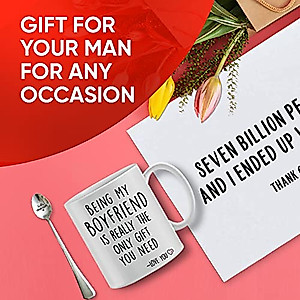 Being My Boyfriend Coffee Funny Mug - Best Boyfriend Gag Gifts - Unique Valentines Day, Anniversary or Birthday Present Idea For Him From Girlfriend - 11 oz Tea Cup White, Spoon and Funny Card