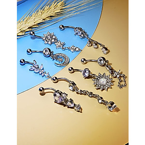 Vsnnsns 14G Belly Button Rings for Women Stainless Steel CZ Opal Long Dangle Belly Button Piercing Jewelry Belly Rings Bars Curved Navel Ring Barbell Body Jewelry Piercing for Women Men Silver 8Pcs