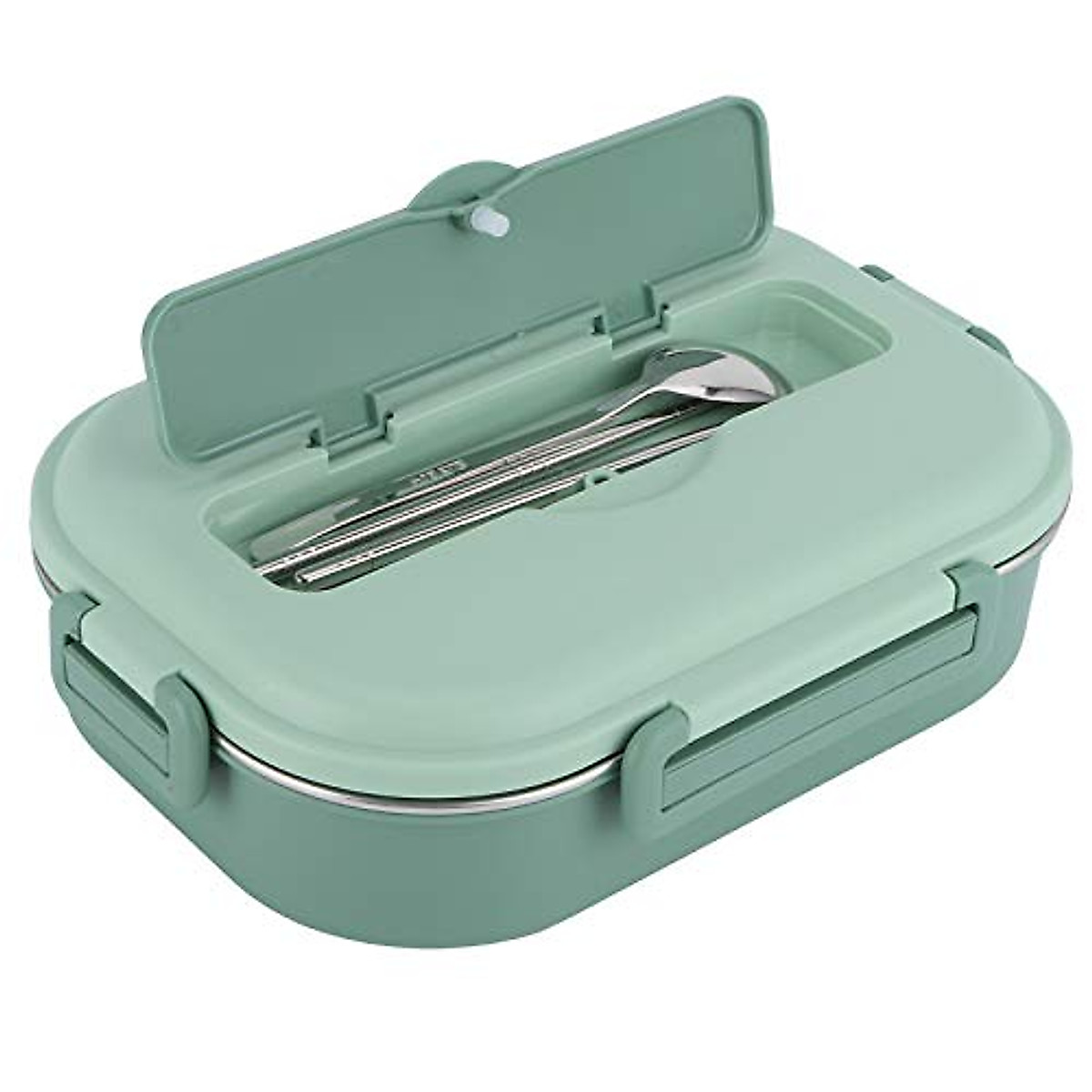 Raviga Stainless Steel Lunch Box 4 Compartments Portable Bento Box for Kids Student or Adult Food Storage Containers with Lids Airtight Soup Bowl & Tableware Large Capacity 50-oz(Green)