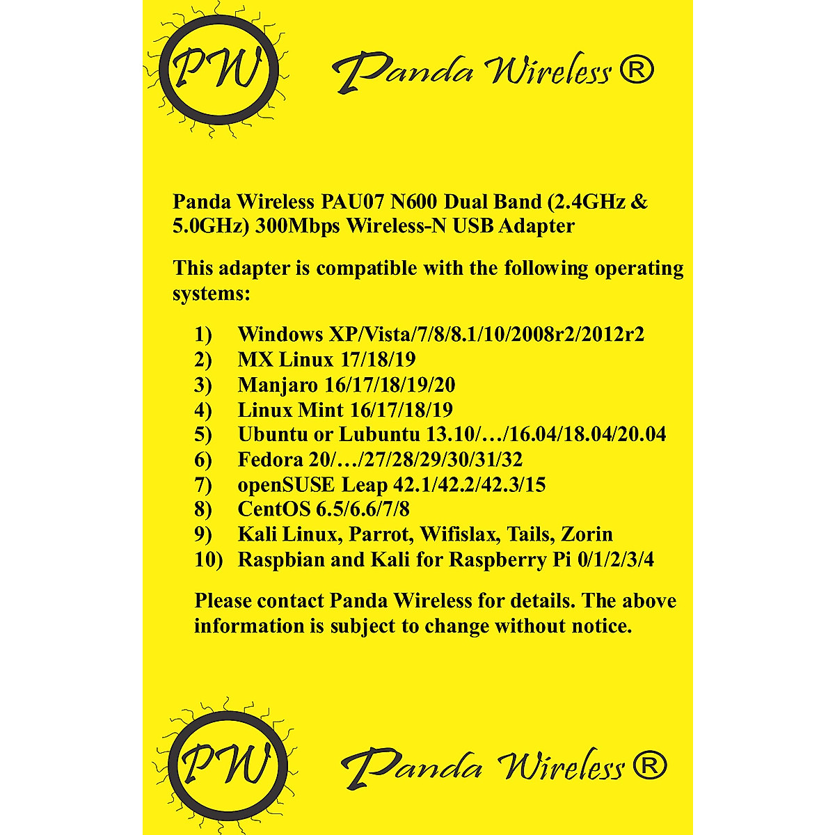 Panda Wireless® N600 Dual Band (2.4GHz & 5.0GHz) 300Mbps Wireless N USB Adapter w/WPS Button - Windows XP/Vista/7/8/10/11, Zorin, Mint, Ubuntu, openSUSE, Fedora, Centos & Kali Linux