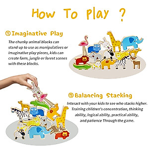 Wooden Animal Blocks Stacking and Balancing Toy, Toddler Big Wood Animal Figures Blocks, Preschool Educational Toys and Stack Balance Games for Kids