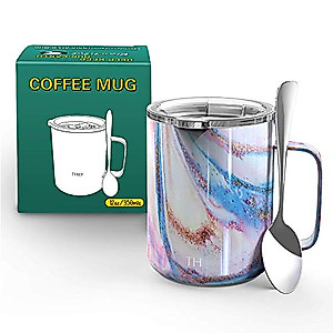 THILY Stainless Steel Insulated Coffee Mug 12 oz Vacuum Insulated Coffee Cup with Handle, Spill-Proof Lid, Keep Coffee Cold, Pink Ripple