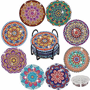 8Pcs DIY Mandala Diamond Painting Coasters Kits with Holder, Cork Mat and Diamond Storage Box, Suitable for Adults, Beginners and Kids Are Also Friendly, Great Home and Dining Room Decor
