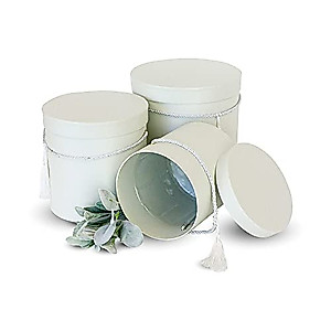 UNIKPACKAGING Premium Quality Round Flower Box, with Tassel, Gift Boxes for Luxury Flower and Gift Arrangements, Set of 3 pcs (Silver White)