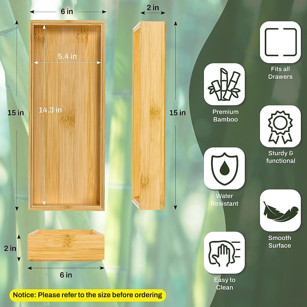 Lixple Bamboo Kitchen Drawer Organizer, Stackable Utensil Holder Silverware Organizer Cutlery Tray - 2PCS Organizer Bins for Makeup Jewelries Flatware in Bathroom, Office Desk, Cabinets, 15x6x2 inch