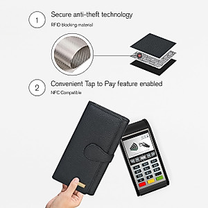 ESTALON Leather Long Bifold Wallet for Women | RFID Blocking | 11 Card Organizer Slots | 3 ID Windows | Trendy Women's Travel Wallet | Ladies Clutch Purse | Gifts for Her | Black Pebble