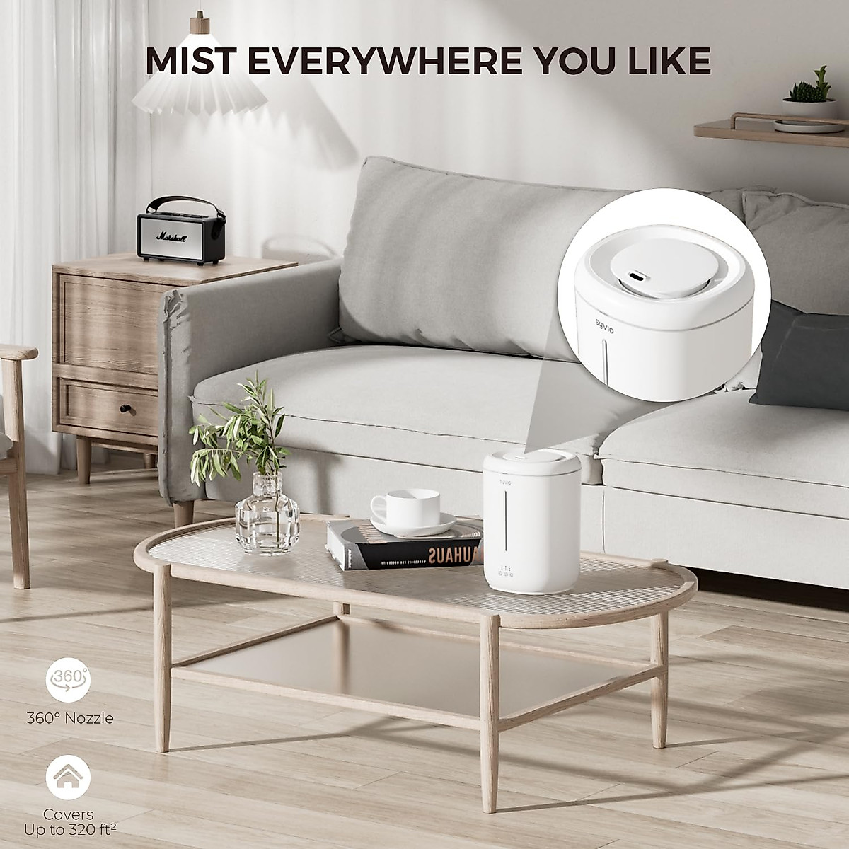 Syvio Humidifiers for Bedroom Large Room, Easy to Clean Humidifier Ultrasonic & Essential Oil Diffuser, Room Humidifier for Bedroom Baby Plant Cool Mist, Top Fill, Quiet, 360° Nozzle, Auto Off, 2.8L