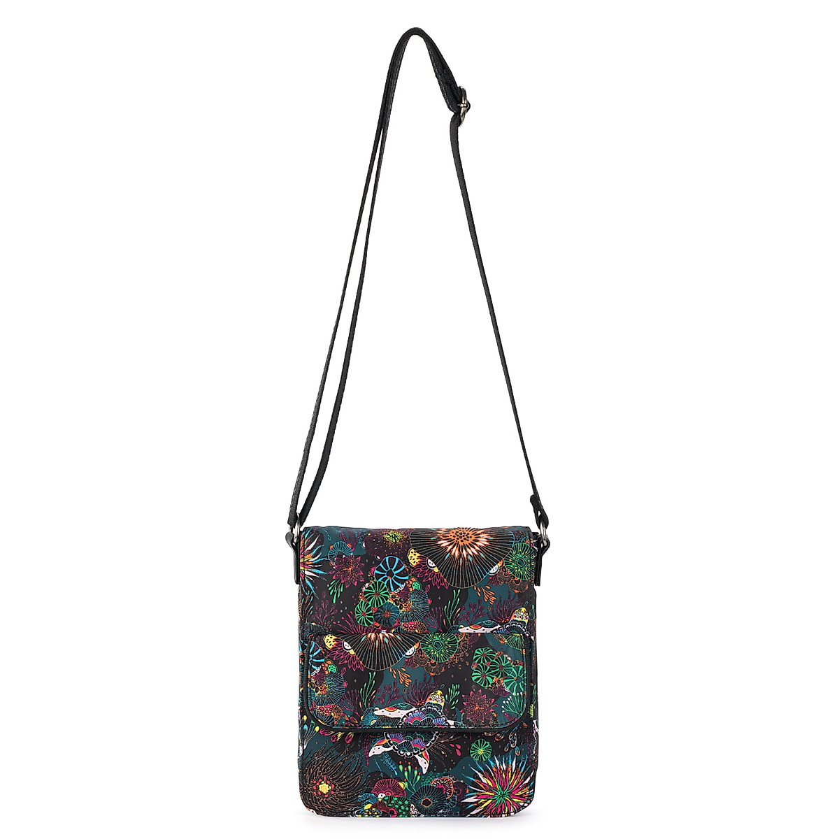 Sakroots On The Go Small Flap Messenger in Eco Twill, Adjustable Crossbody Strap, Rainbow Seascape