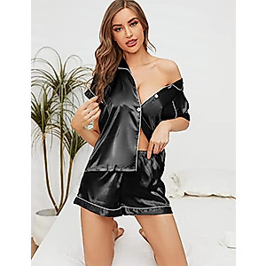 QLVKYW Pajamas for Women Shorts Set Top and Pants Silk Pj Set Satin Loose Fit Sleepwear for Sleeping Lounging Black