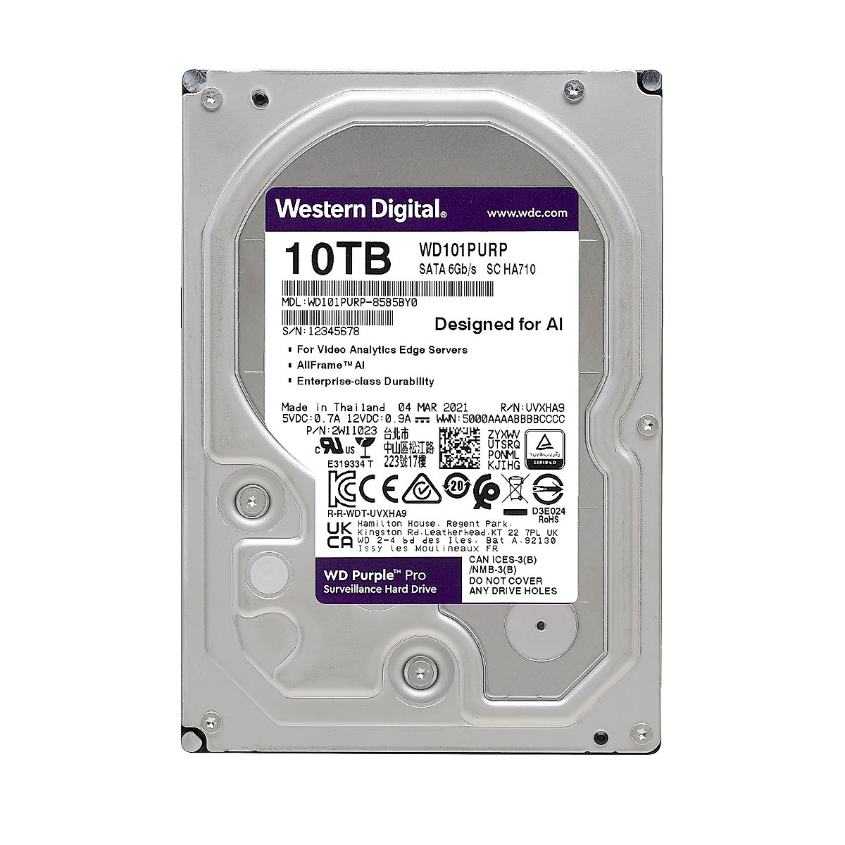Western Digital 10TB WD Purple Pro Surveillance Internal Hard Drive HDD - SATA 6 Gb/s, 256 MB Cache, 3.5" - WD101PURP