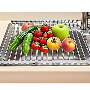 Roll Up Dish Drying Rack 14.5”(L) x 14”(W) Stainless Steel and Silicone Dish Drying Mat Over The Kitchen Sink Foldable Drain Rack Multipurpose Dish Drainer Fruits and Vegetable Rinser (Gray)