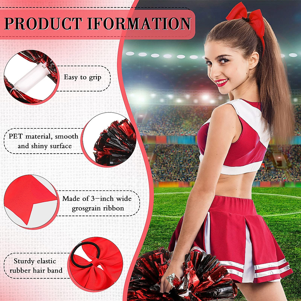 Hanaive 6 Pcs 13 Inch Cheerleading Pom Poms and Large Bows for Girl Cheer Poms Metallic Poms with Handle for Softball Dance(Red and Black)