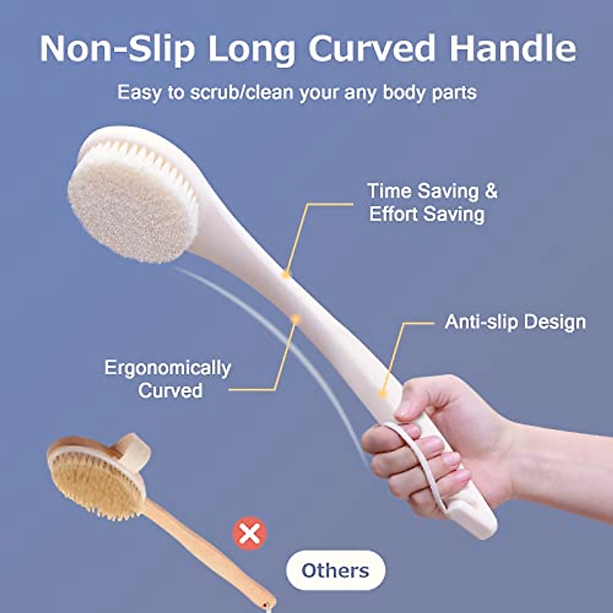 VANZAVANZU Shower Brush, Bath Body Brush with Soft Bristles, Back Brush Long Handle for Shower, Dry Exfoliating Brush or Wet Shower Brush with Moderate Bristles, Cream White