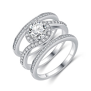 3 Piece Halo Wedding Ring Set for Women Bridal Ring Set 1 Ct Center Moissanite Engagement Ring Set Platinum Plated Silver Anniversary Promise Rings size9.5