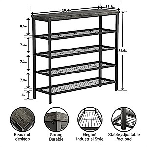 Topfurny Shoe Rack, Industrial Shoe Storage Organizer, Large 5-Tier Metal Shoe Rack Shelves with Wood Board, Entryway Table for Hallway, Living Room, Closet, Bedroom, Black Oak