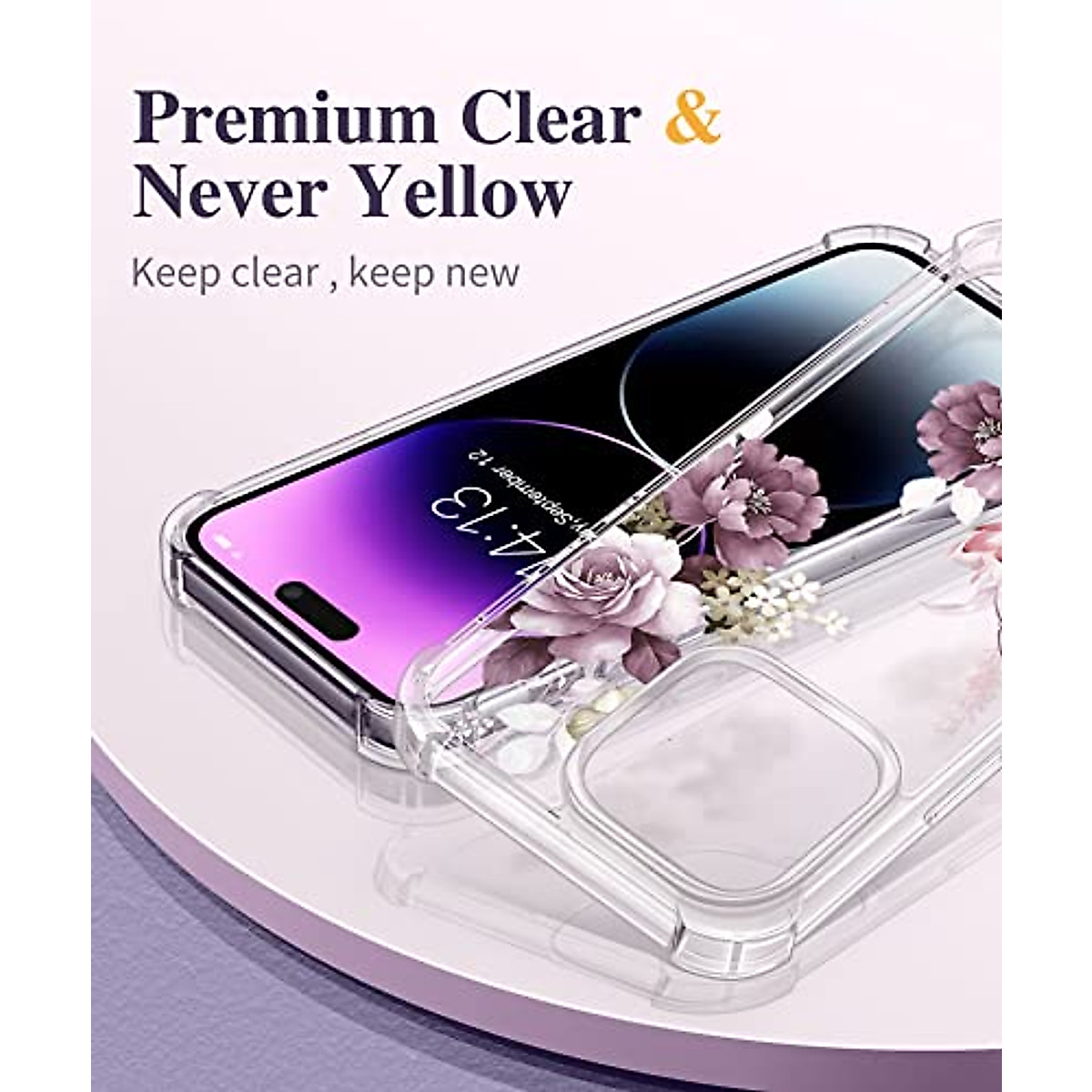 GVIEWIN Compatible with iPhone 14 Pro Case with Screen Protector & Camera Lens Protector, Floral Slim Shockproof Protective Hard PC+TPU Bumper Flower Women Cover, 6.1" 2022(Cherry Blossoms/Purple)