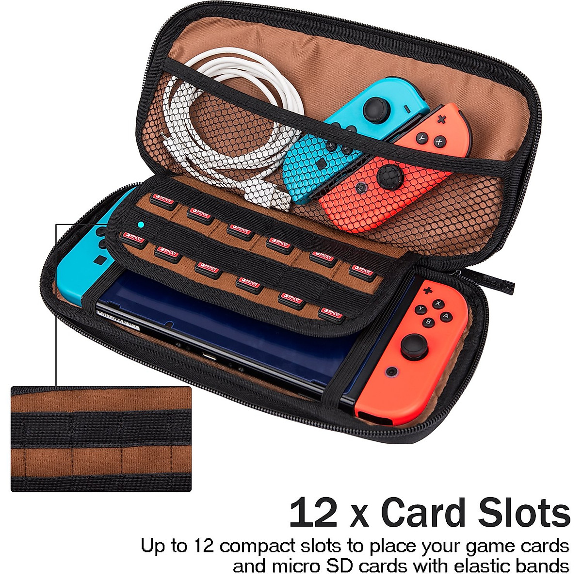 ibeacos Leather Game Traveler Deluxe Travel Case Console Protective Sleeve Accessories Storage Bag With 12 Build-in Game Card Holders And Mesh Zipper Pocket for Nintendo (Coffee)