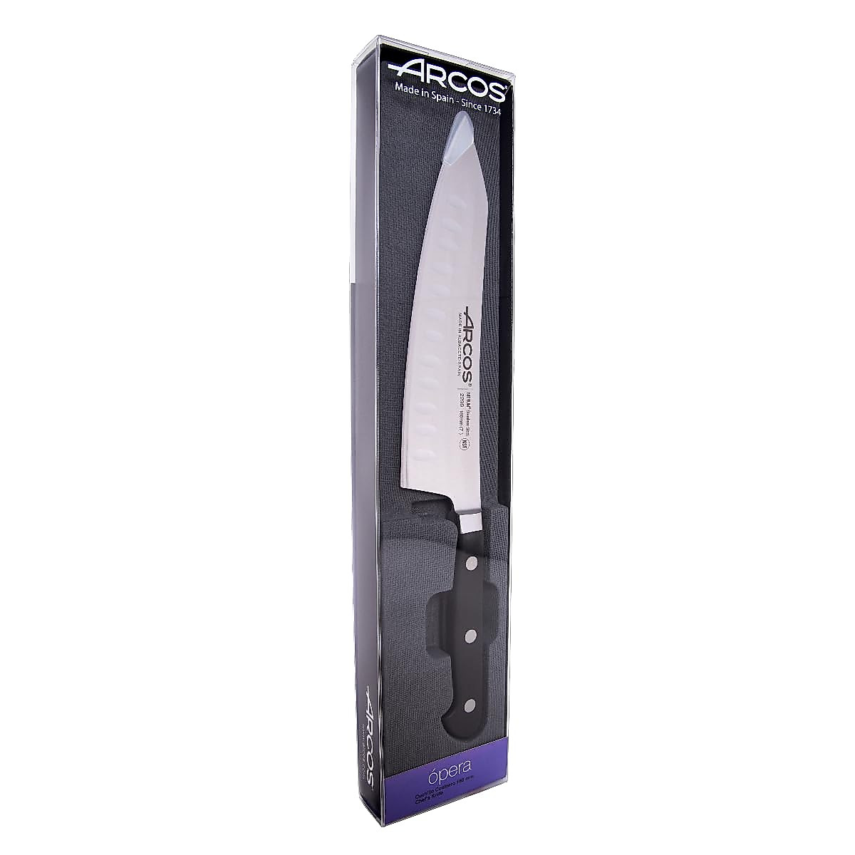 ARCOS Santoku Knife 7 Inch Nitrum Stainless Steel and 190 mm blade. Ergonomic Polyoxymethylene POM Handle.Classical design and rounded finish of great beauty and sturdiness. Series Opera. Color Black.