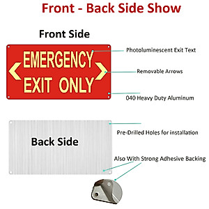(2Pack) Photoluminescent Emergency Exit Sign Red, Glow In The Dark Aluminum Exit Sign - Adhesive Backing - 4pcs Removable Arrows Included - 14.25 x 7.5 Inches - Non Electrical Exit Sign