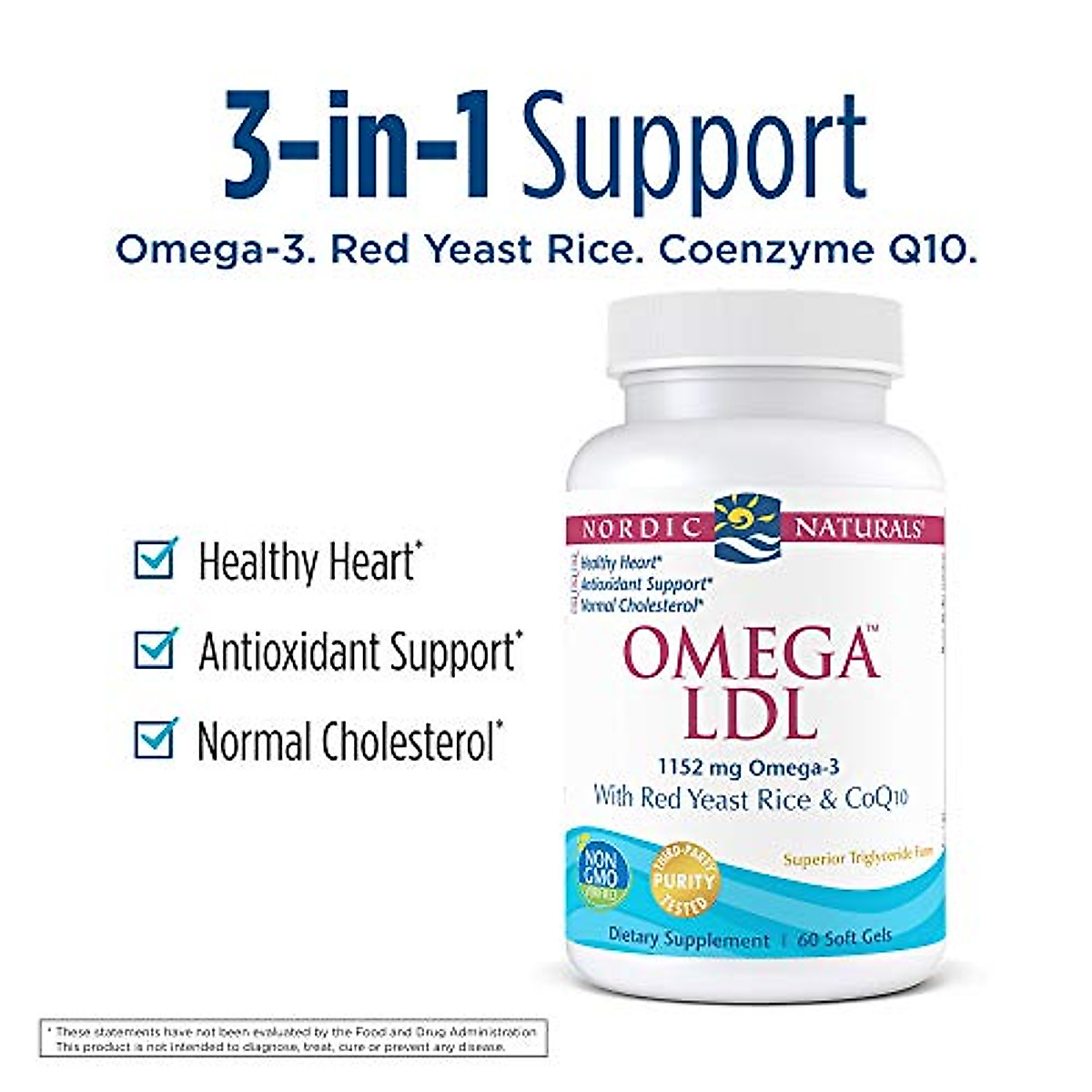 Nordic Naturals Omega LDL, Lemon - 60 Soft Gels - 1152 mg Omega-3 + Red Yeast Rice & CoQ10 - Heart Health, Normal Cholesterol, Antioxidant Support - EPA & DHA - Non-GMO - 20 Servings