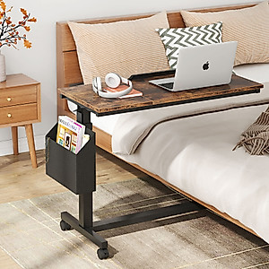 Tribesigns Height Adjustable C Shaped End Table with Wheels and Side Pocket, Mobile Sofa Snack Table with Tiltable Drawing Board, Laptop Side Tray Table for Couch Bed (Rustic Brown)