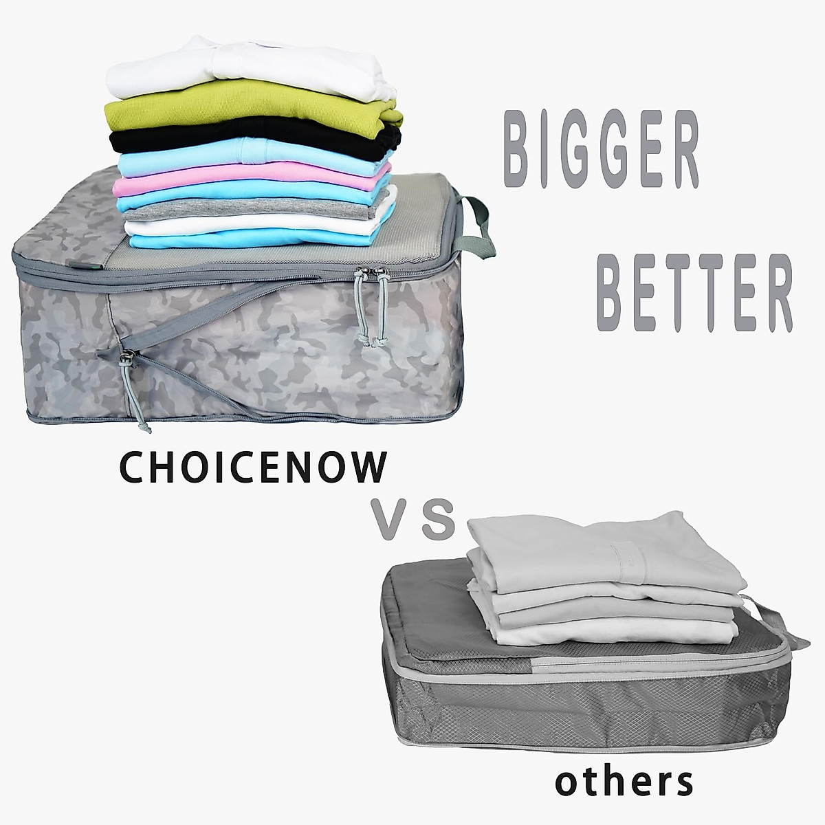 CHOICENOW Compression Packing Cubes for Suitcases - Extra Large Luggage Organizer Bags, 6-Piece Set, Travel Packing Organizers for Clothes (Camo grey)