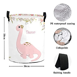 Pink Floral Girl Dinosaur Personalized Laundry Hamper ,Custom Name Collapsible Waterproof Laundry Basket Storage Bins with Handle for Clothes,Toy,Nursery
