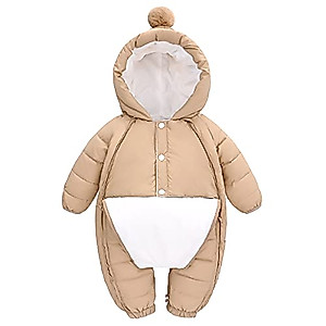 Bebone Newborn Baby Hooded Winter Puffer Snowsuit with Shoes and Gloves (9-12 Months, Brown-1)