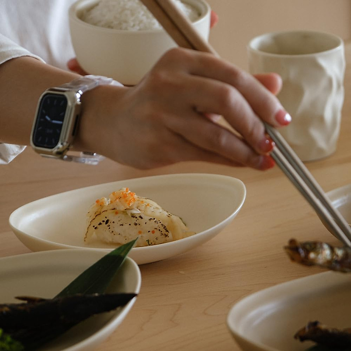 WENSHUO Oval Boat-shaped Platter, Ceramic Plate for Snacks, Food, Cookies, Dessert, Salad, 7 Inch Set of 6, Matte Crème