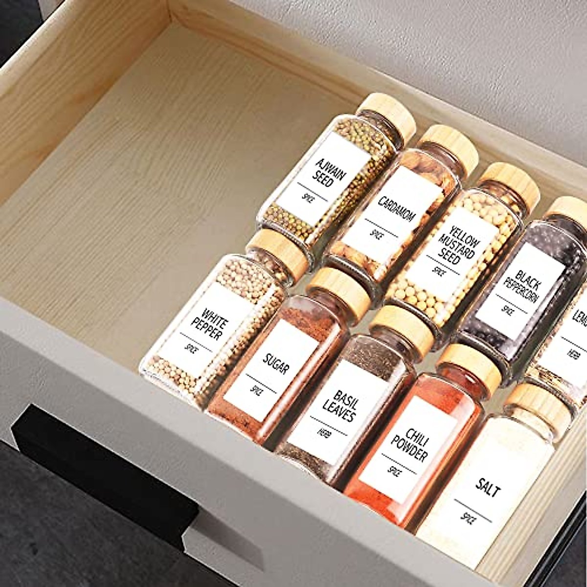 SWOMMOLY 24 Pcs Glass Spice Jars with Labels, 8 oz Spice Jars with Bamboo Lids, Empty Spice Bottles with Shaker Lids, Spice Containers with 366 White Spice Labels, Chalk Marker, Funnel Set